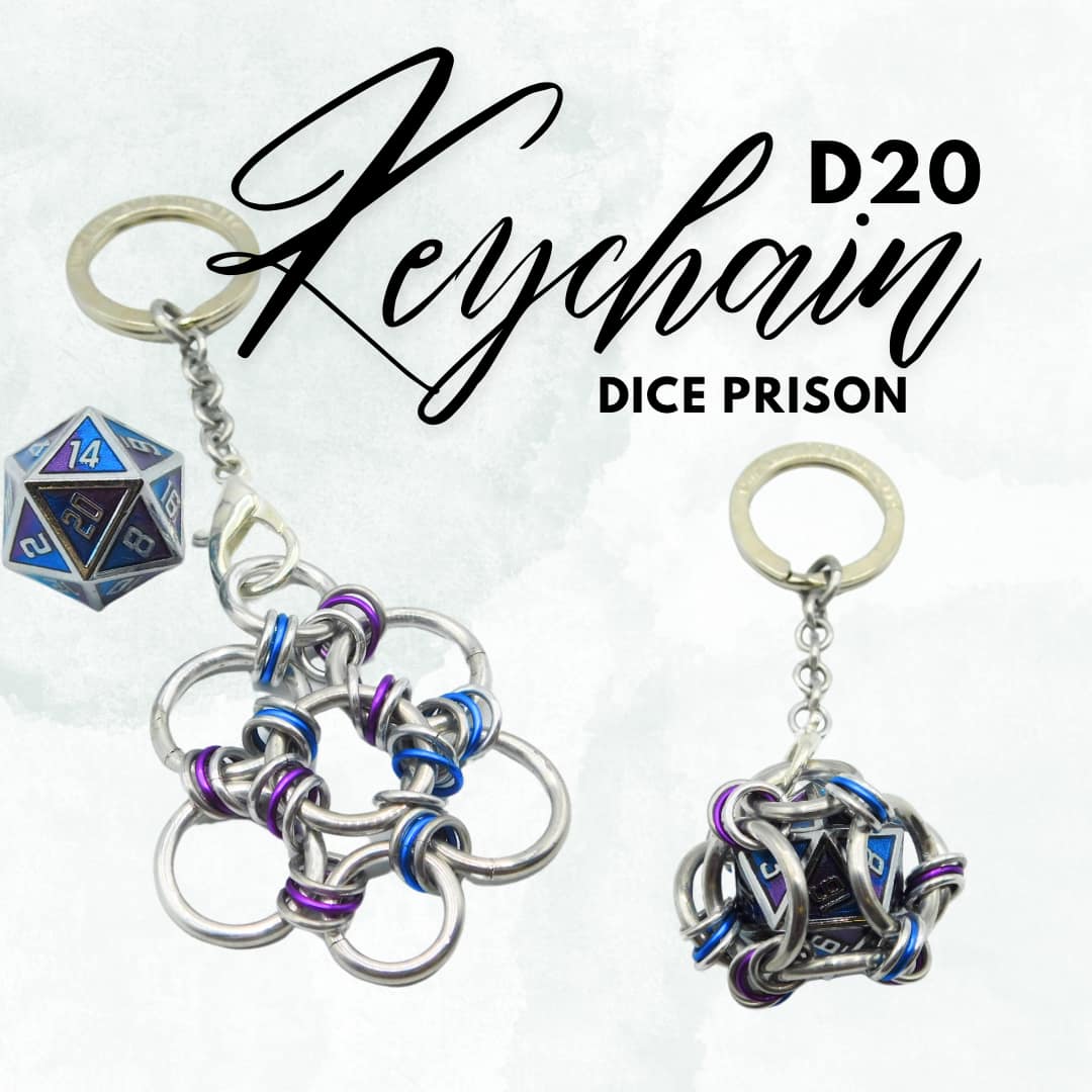 BLUE & PURPLE SOLID METAL D20 KEYCHAIN DICE PRISON – ONE LINK AT A TIME